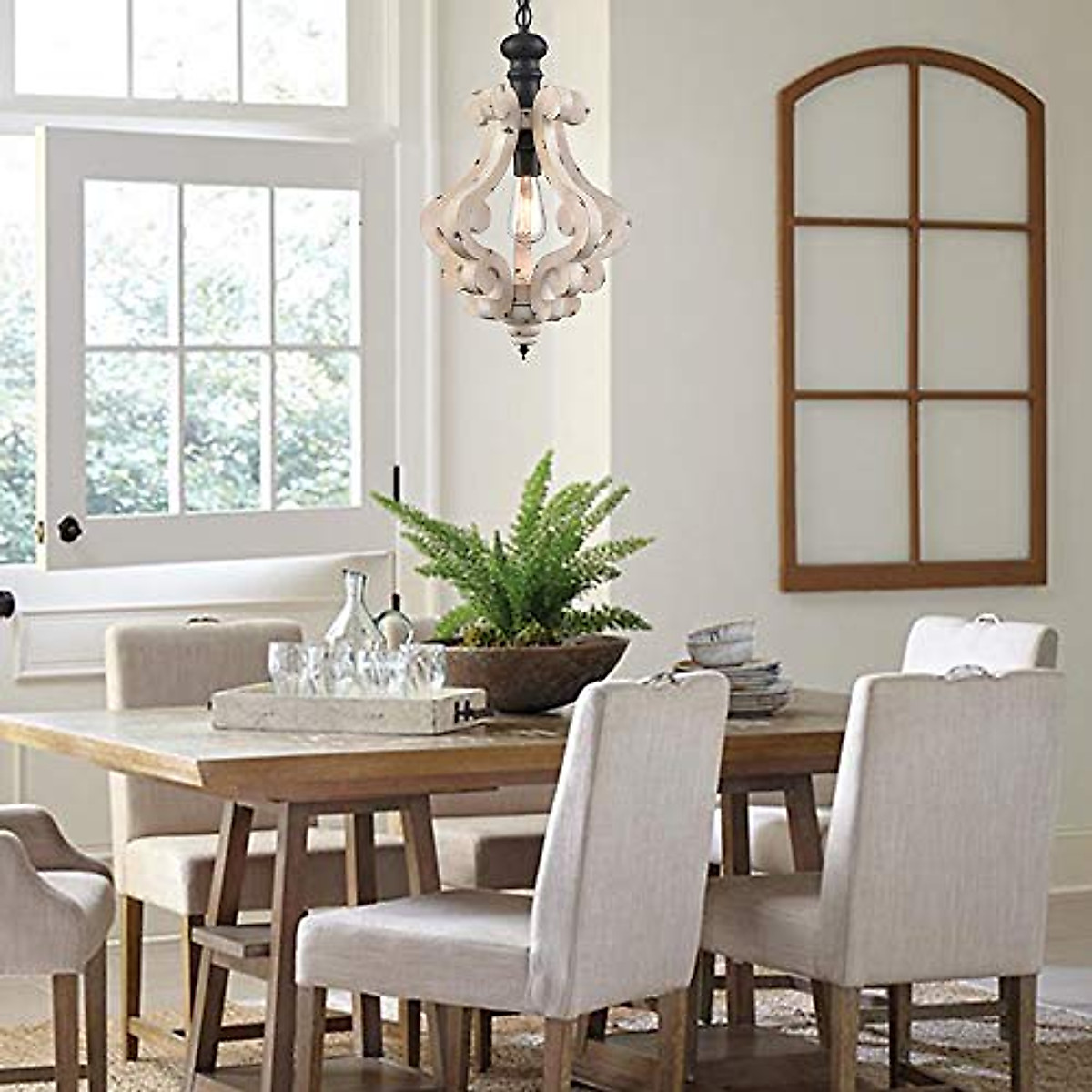 CLAXY Wooden Pendant Light Distressing Off-White Finish Farmhouse Chandelier