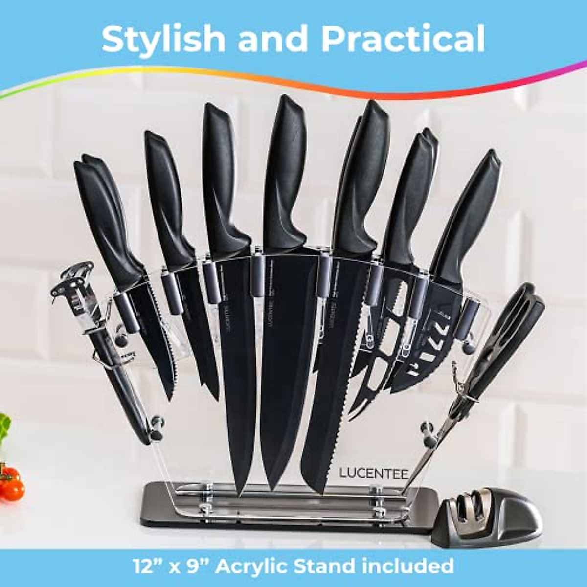 17pc Kitchen Knife Set, Kitchen Gadgets with Steak Knives, Knives Set for Kitchen, Chef Knife Set, Black Knife Set, Ultra-Sharp Ergonomic Steak Knife Set with Scissors, Peeler and Knife Sharpener