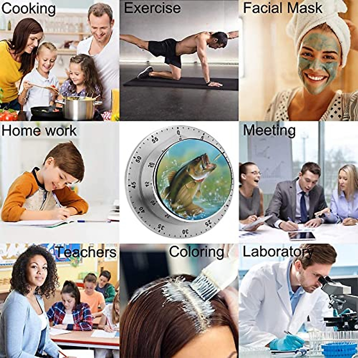 Bass Fishing 60 Minute Timer Stainless Steel Wind Up Timer Magnetic Timer Time Management for Cooking Kitchen