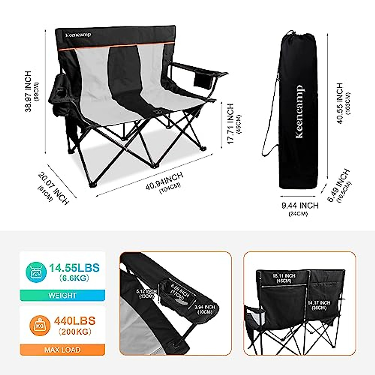 BAYIEIUI Double Camping Chair Portable 2 Person Folding Camp Chair with Storage Cup Holders Supports 440 lbs for Adults Outdoor Black &amp; Grey