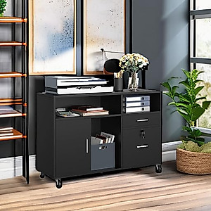 YITAHOME Wood Lateral File Cabinet, 2 Drawer Mobile Storage Cabinet, Fits A4, Letter Size Files, Printer Stand with Open Storage Shelves, Modern Filing Cabinet for Home Office, Black
