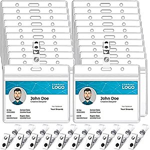koorito 50 Pack Name Badge Holder with Clip Clear PVC Horizontal Badge Holder and Metal Badge Clip Waterproof Resealable Zipper Seal Name Holder Tags with Badge Clip