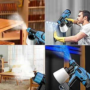 Upgrades Battery Paint Sprayer Cordless, Brushless Paint Gun with 2 x 4.0Ah Battery & 6 Nozzles, HVLP High Pressure Paint Gun for Furniture and House Painting Fence Wall (Blue)