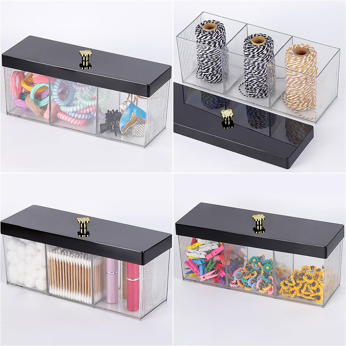 acDesign Qtip Holder Rectangle Cotton Ball and Swab Holder Organizer with Lid, Plastic Apothecary Jars, 3 Compartment Cotton Pad Container for Vanity Makeup Organization