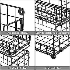 X-cosrack Stackable Wire Basket 3 Tier Countertop& Wall Mounted Metal Storage Basket for Kitchen Pantry Cabinet, Muti-functional Open Front Bin Organizer for Food Fruit Snack, Black
