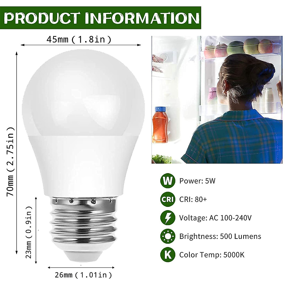 LED Refrigerator Light Bulb, 40 Watt Equivalent LED Appliance A15 Light Bulb 5000K Daylight for Fridge, E26 Base, Non-Dimmable, 6-Pack