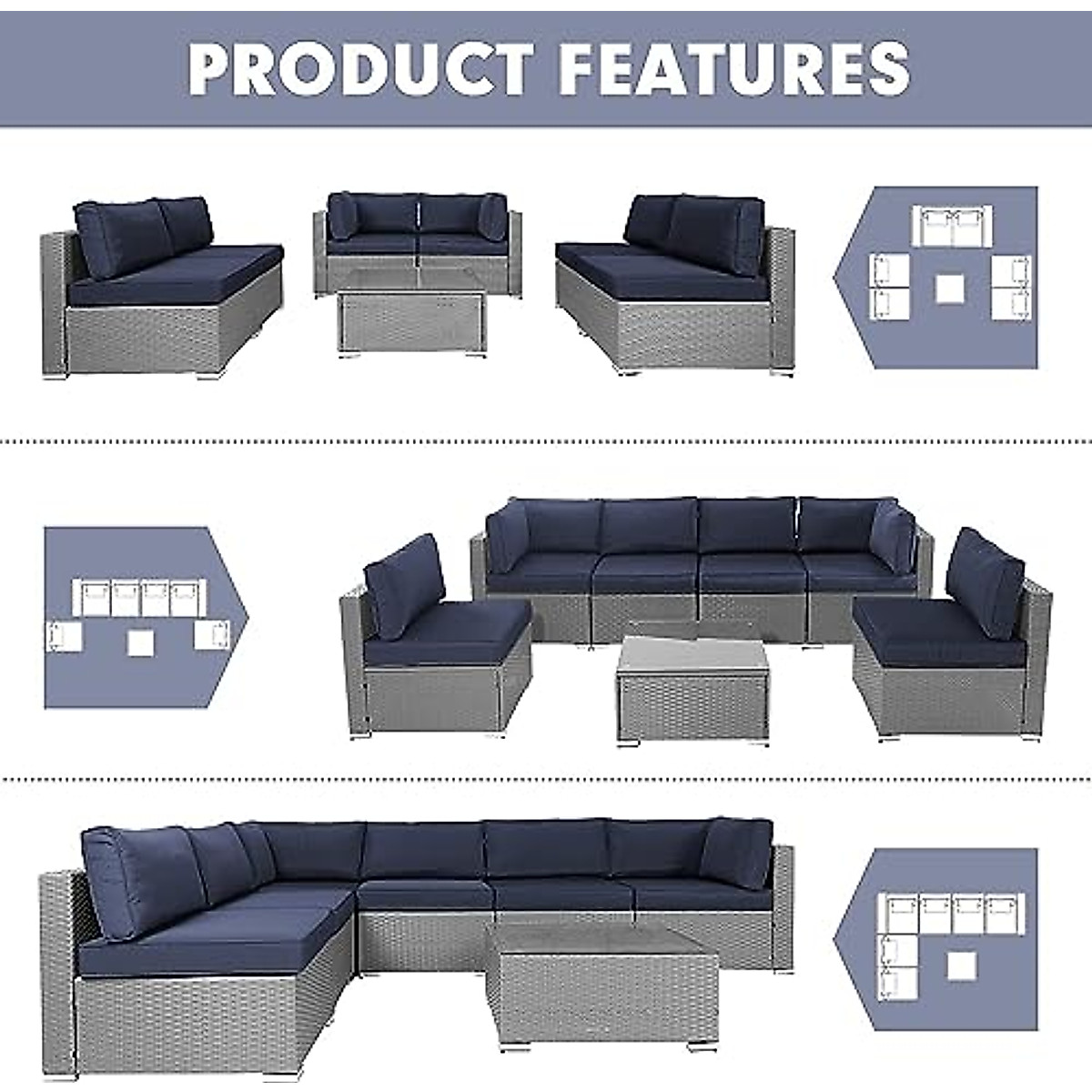 Betterland 7 Piece Outdoor Sectional Sofa Patio Furniture Set, All-Weather PE Grey Wicker Patio Conversation Set with Washable Cushion and Glass Table,Outdoor Propane Heater(Dark Blue Cushions)
