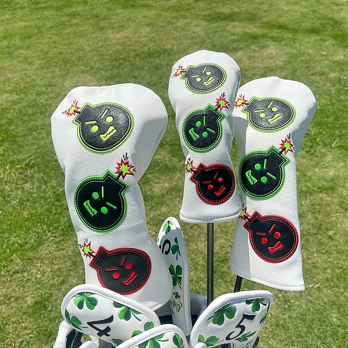 Golf Headcovers Golf Driver Head Cover Embroidery Bombs Premium Leather ((DR+FW+UT) 3pcs/Set)