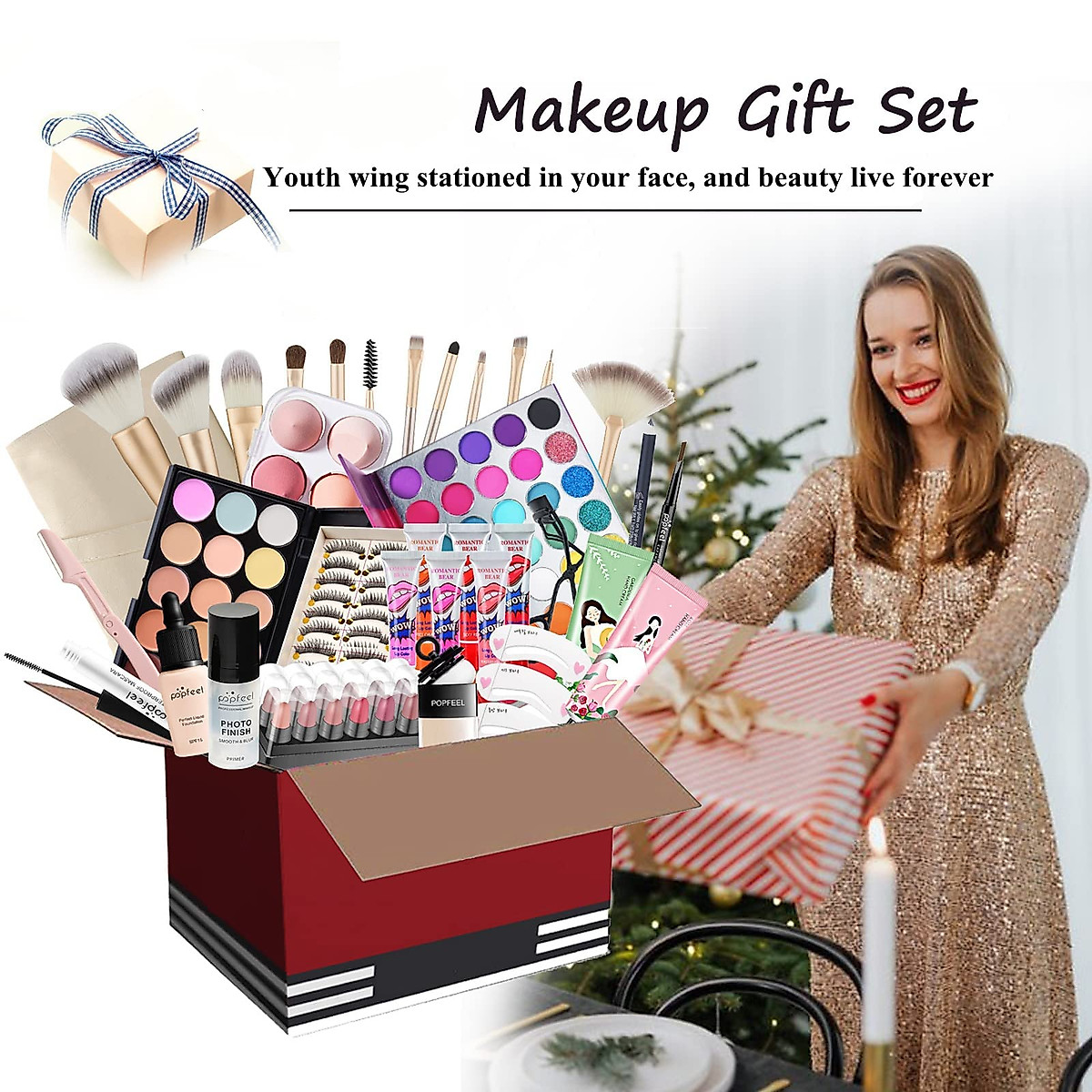 FantasyDay All-in-one Holiday Makeup Gift Set | Full Makeup Kit for Women Essential Starter Bundle Include Eyeshadow Palette Lipstick Blush Cream Concealer Face Powder Eyeliner Mascara Lipgloss Brush