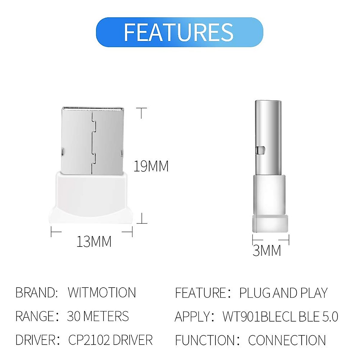 WitMotion BLE 5.0 Wireless Bluetooth USB Adapter, CP2102 Driver【 30meters Range, Anti-Dust, Small-in-Size, Plug and Play】 Bluetooth Dongle for WitMotion BLE 5.0 Sensor (WT901BLECL/ WT901BLE)