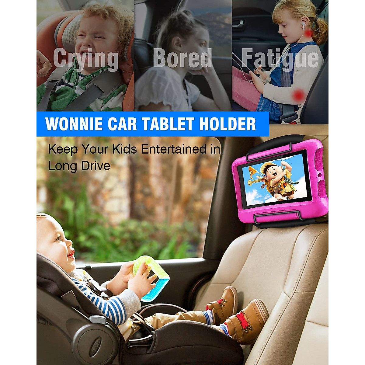 WONNIE Upgrade Tablet Holder for Car, Car Headrest Mount Holder for Back Seat, Car Tablet Mount for Kids with Silicone Strap & Anti-Slip Holding Clamps, Fits All 10-12.9" Tablets