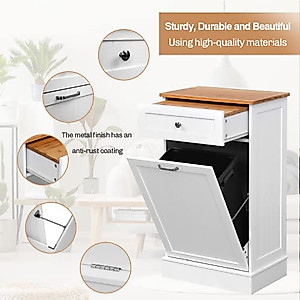 EROMMY Tilt Out Trash Cabinet, Wooden Kitchen Trash Can Free Standing Waste Bin, Recycling Hideaway Garbage Can Holder with Drawer and Removable Bamboo Cutting Board, White