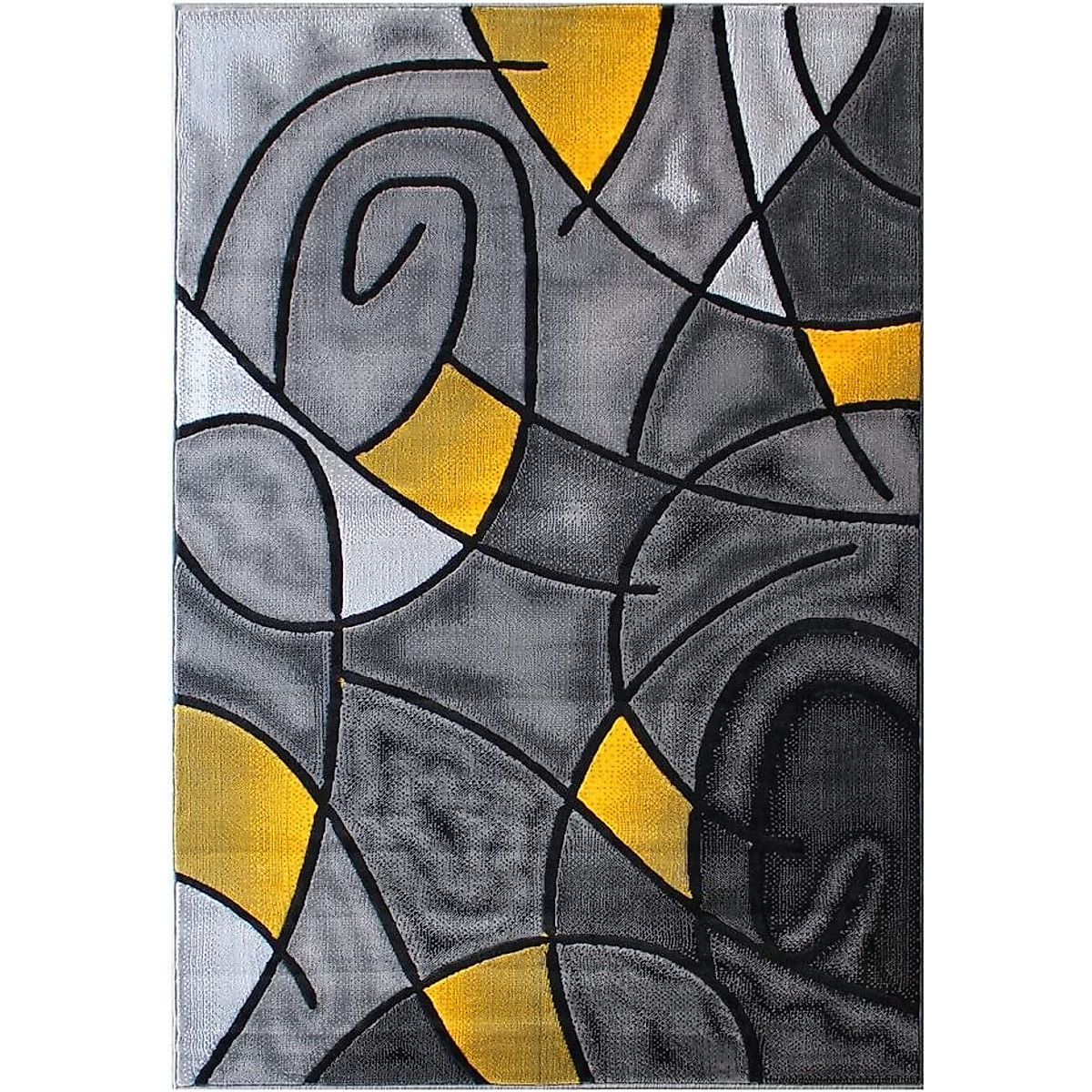 HR Orangish Yellow/Grey/Silver/Black/Abstract Area Rug Modern Contemporary Circles | Bedroom Rug with Wave Design Pattern (5' x 7')