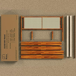 Bme Oliver King Bed Frame and Headboard - 15-Inch Signature Design with Rattan Headboard, Bohemian and Mid Century Style, 12-Slat Wood Support, No Box Spring Needed - Easy Assembly, Caramel