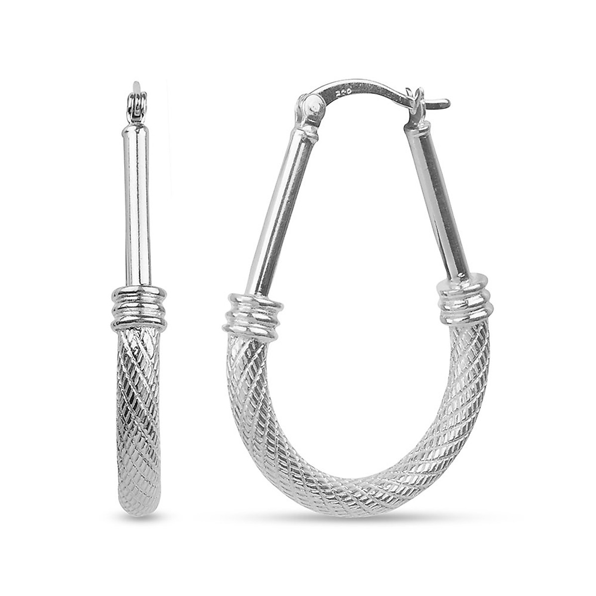 LeCalla Sterling Silver Hoop Earrings Classic Diamond-Cut Italian Design Textured High-Polish Oval Hoops Earring for Women 35mm