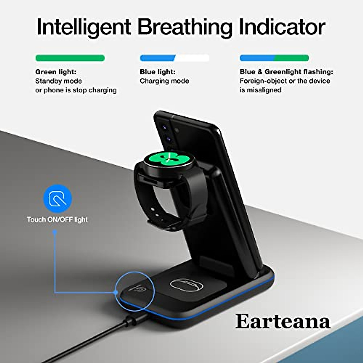 Wireless Charging Station for Samsung, Earteana 3 in 1 Qi Certified Charger/Stand for Samsung Galaxy S23/S22/S21/S20/Note20/10, Galaxy Watch4/Classic/3/1/Active 2/1, Buds+/Live with Adapter (Black)