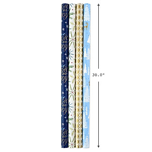 Hallmark Holiday Wrapping Paper Bundle with Cut Lines on Reverse, Quirky Christmas (Pack of 4, 120 sq. ft. ttl) Yeti, Santa, Penguin, Snowflakes, Blue, Gold