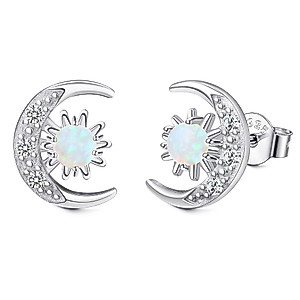 Milacolato 925 Sterling Silver Stud Earrings for Women18K White Gold Plated Cubic Zirconia Crescent Moon Star Earrings Hypoallergenic Created Opal Stud Earrings for Sensitive Ears