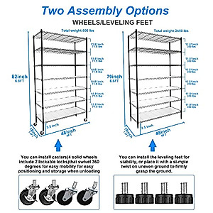 pouseayar 7 Tier NSF Metal Shelf Wire Shelving Unit, 2450lbs Capacity Heavy Duty Adjustable Storage Rack with Wheels & Shelf Liners for Closet Kitchen Garage Basement, 82" H x 48" L x 18" D - Black