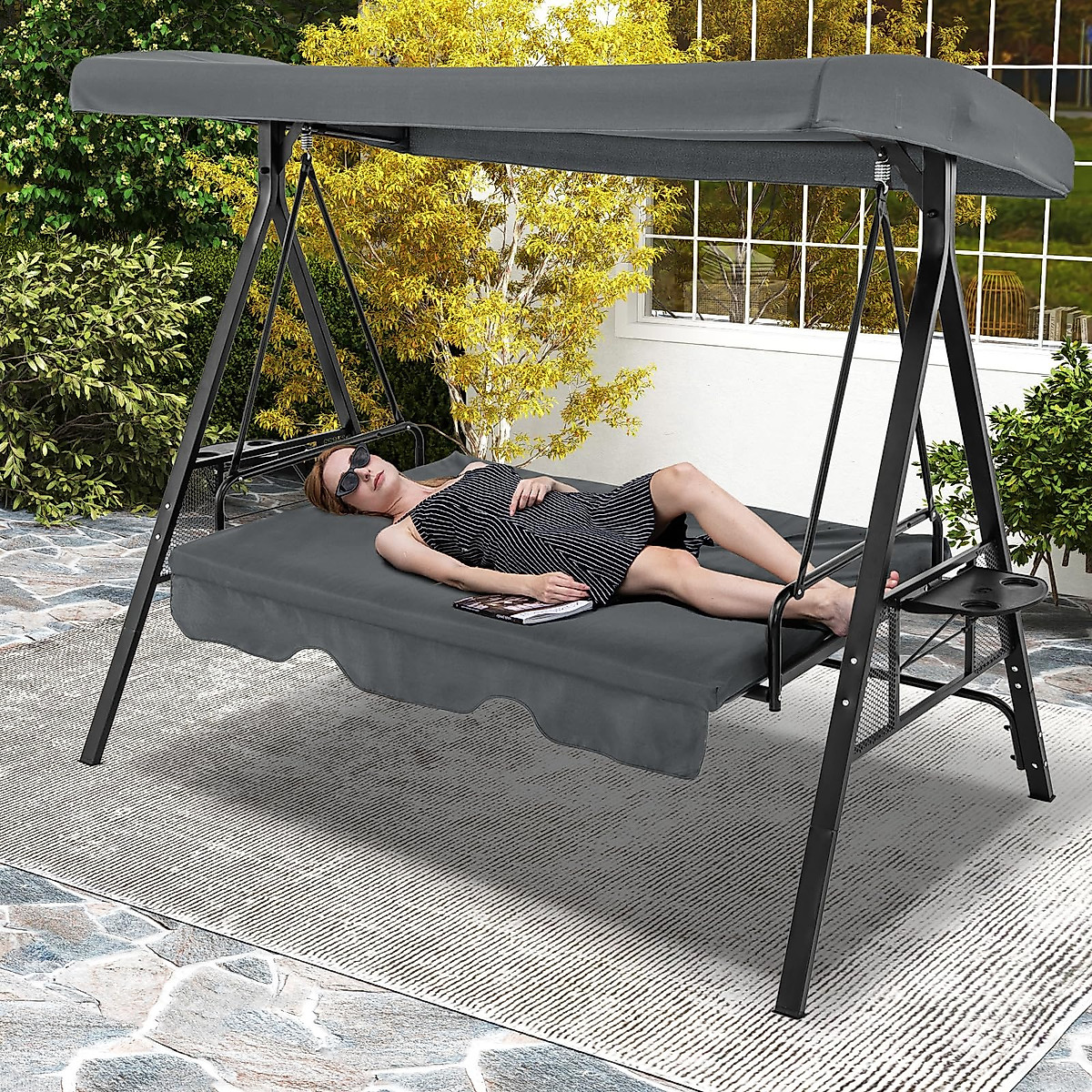 Tangkula 3 Person Porch Swing, 2-in-1 Convertible Patio Swing Bed with Adjustable Canopy, 2 Cup Holder Table, Soft Seat & Back Cushions, Outdoor Swing for Backyard, Garden, 1000 lbs Max Load (Grey)