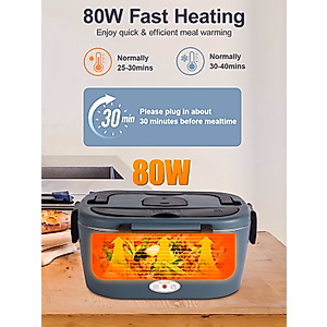 SOHIDA Heated Lunch Box, 80W Electric Lunch Box with Two 1.5L Stainless Steel Interchangeable Containers and Lids, 12V/24V/110V Food Warmer with Utensils and Insulated Bag for Car/Truck/Office (Black)