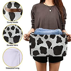 Foldable Storage Basket Cow Pattern Fabric Collapsible Organizer Basket with PU Handles, Decorative Baskets for Shelves Home Closet Bedroom Living Room - 1 Pack