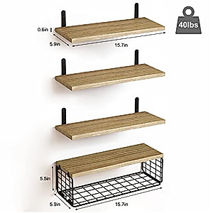 Fixwal 4+1 Tier Floating Shelves, Rustic Wood Wall Shelf, Bathroom Shelves Over Toilet with Wire Storage Basket, Farmhouse Wall Decor for Bedroom, Kitchen, Living Room and Plants (Rustic Brown)