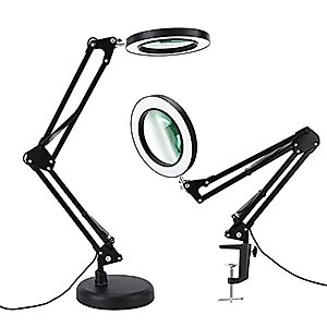 Magnifying Glass with Light, Magnifying Glass LED Desk Lamp-3 Colors Illuminated,9 Levels Dimmable,Foldable Metal Arms and Adjustable Clamp,5X Magnifying Light for Office/Work/Study (Black)