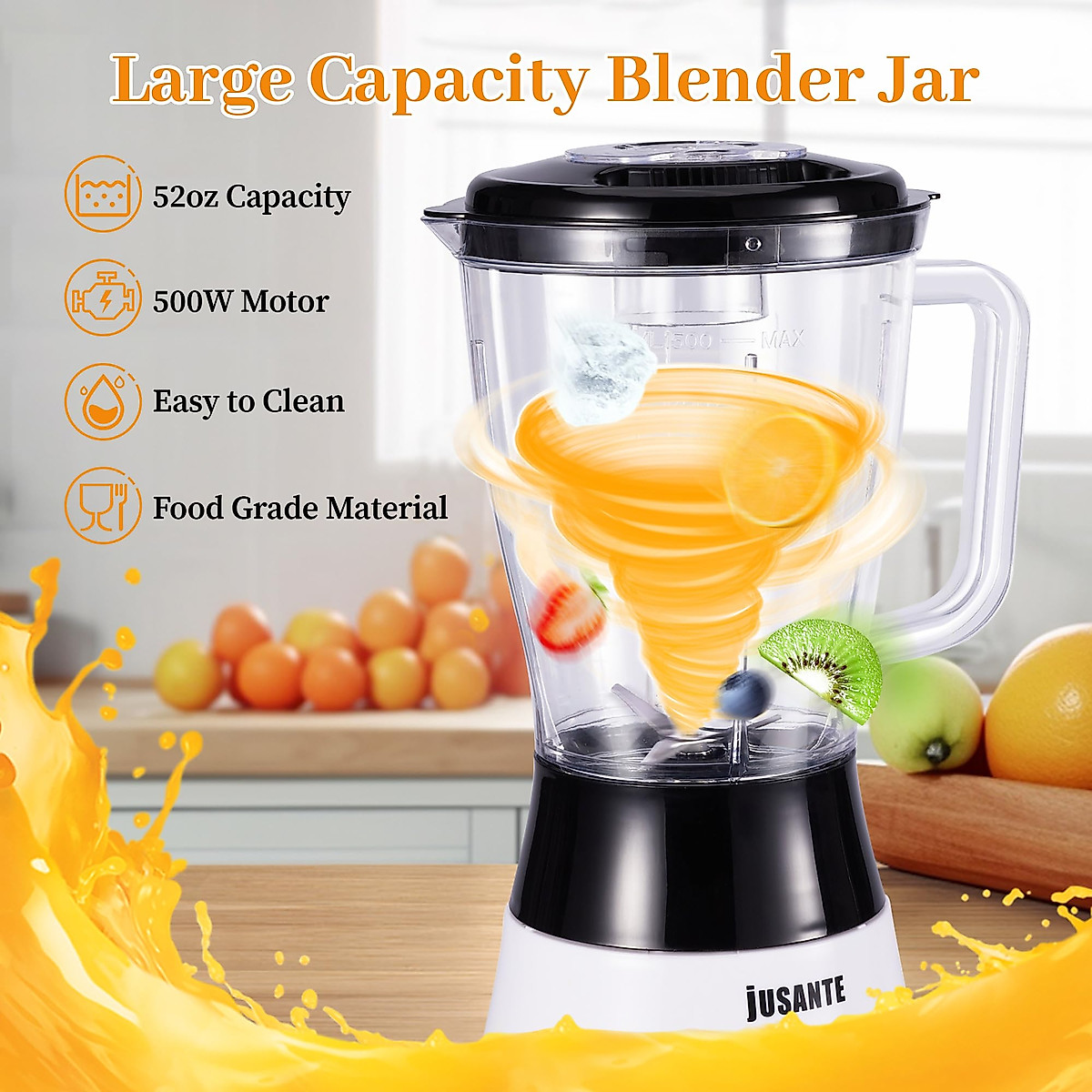 JUSANTE Kitchen Blender, 500W Countertop Blender with 52oz Plastic Jar for Smoothies Milkshake Desserts Nut Butter, Cocktails Sauces (White)