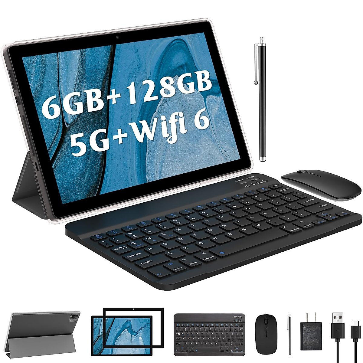 10 Inch Android Tablet, 2 in 1 Tablet with Keyboard 6GB + 128GB 10.1'' Tablets, 5G WiFi 6, BT 5.0, 1.8Ghz CPU Tableta PC, 8MP Camera, 6000mAh, Comptuer Tablet include Case Mouse Stylus Film, Black