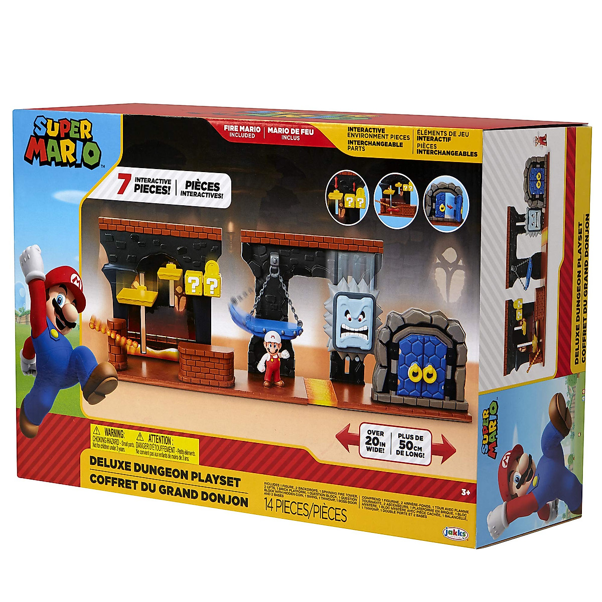 SUPER MARIO World of Nintendo Super Mario Dungeon Deluxe Play Set,Includes: 2.5” Fire Mario Figure&7 Interactive Environmentpiece Moving Platforms & Thwomp,Spinning Fire Balls,Hidden Coin,Swing&Door