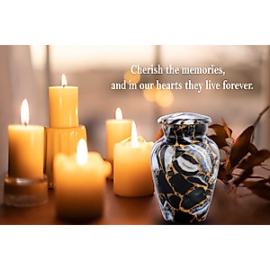 Keepsake Urn | Marble Finish Keepsake Cremation Urn for Ashes | Metal Sharing Urn for Human or Pets Ashes | Mini Memorial Urn with Velvet Bag (Luxury Black)