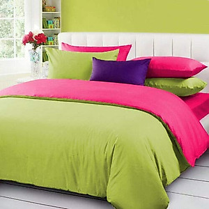 100% Pure Cotton Real 600 Thread Count 5 Piece Reversible Duvet Set, 1 Piece Reversible Duvet Cover With Zipper Closure & Corner Ties And 4 Pillow Cover (King/California King Size, Sage/Hot Pink)