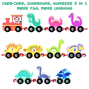 HELLOWOOD Dinosaur Toys for Toddlers Age 2-4, Wooden Dinosaur Train Set with Playmat/Storage Bag, Montessori Educational Toys for 2+ Years Old Boys & Girls