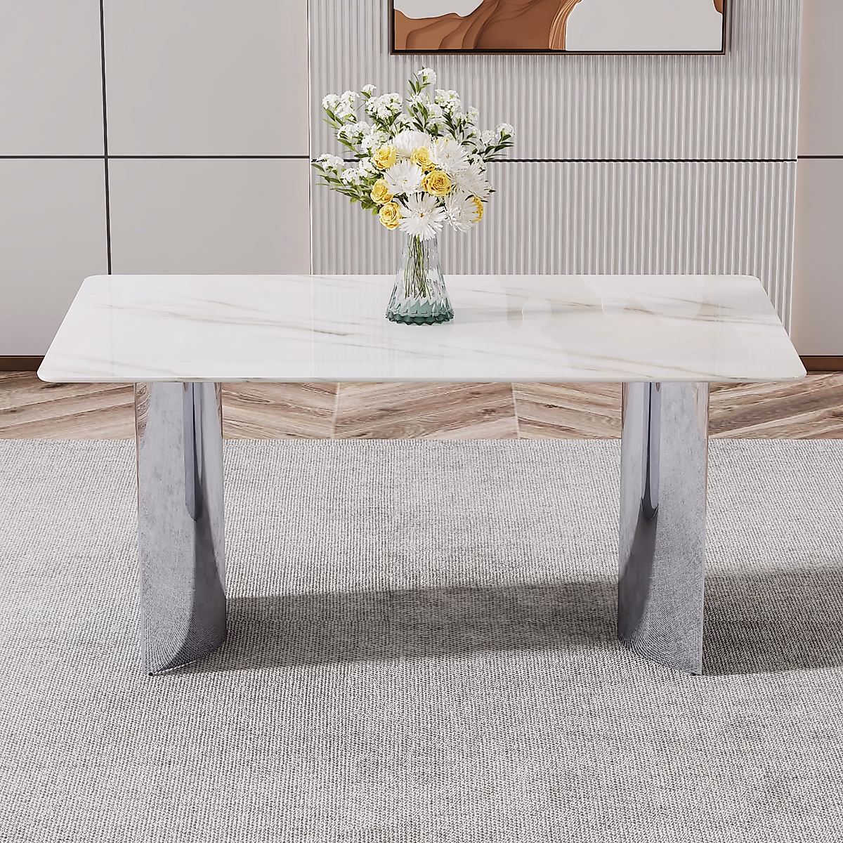 Pvillez 63" Dining Table, Imitation Marble Dining Table Set for 6 8, Modern Kitchen Table and Chairs for 4 6, Dinner Table with Craft Glass Desktop Steel Legs (Table1+6pcs Black Chair)