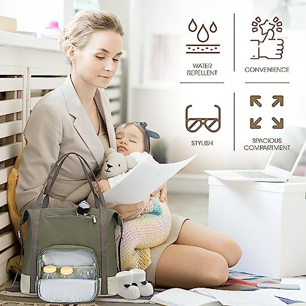 Humble Bee Kokoro All Heart Convertible Diaper Bag for Men & Women: Converts from Backpack to Tote, Spacious Compartments, Multiple Pockets, Removable Accessories & Stroller Strap Design (Olive Dusk)