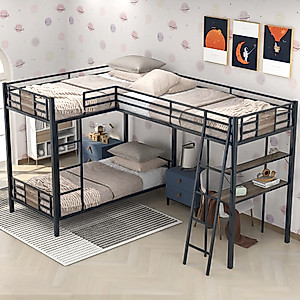 Polibi L-Shaped Metal Corner Bunk Bed with Two Ladders, Twin Over Twin Bunk Bed with Twin Loft Bed w/Desk and Shelf