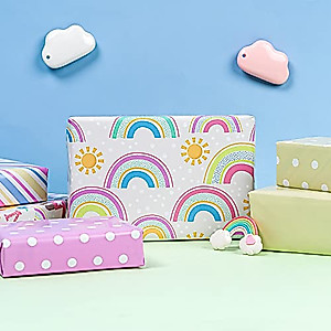 WRAPAHOLIC Reversible Baby Shower Wrapping Paper - Mini Roll - 3 Rolls - 17 Inch X 120 Inch Per Roll - Solid Green, Polka Dot, Stripes, Rainbows, Cute Animals & New Baby Lettering