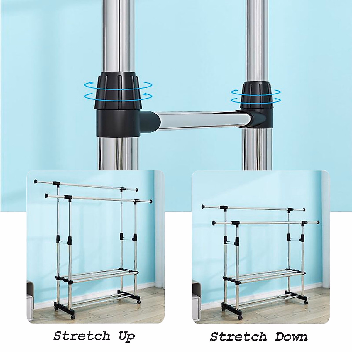 RUYICZB 3 Layer Floor Clothes Drying Rack Metal Drying Double Pole Clothes Rack, Large Expandable Stainless Steel Laundry Clothes Drying Rack with Wheel Easy Assembly Indoor Outdoor Use