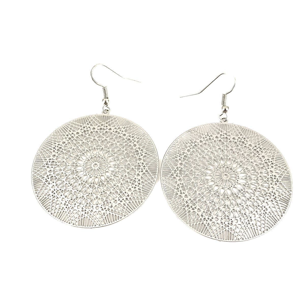 Silver filigree round disc earrings medallion 1 5/8 inches wide very lightweight circle cut out lace pattern