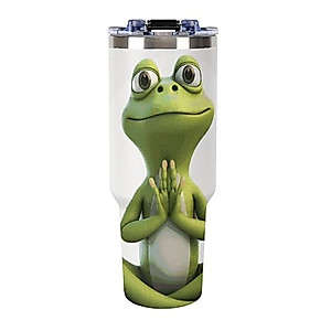 40 Oz Vacuum Tumbler with Deep Blue Handle Leakproof Insulated Tumbler The Funny Frog Doing Yoga Stainless Steel Travel Mug with Lid And Straw Coffee Cup Cute Water Bottles Cup Holder Friendly
