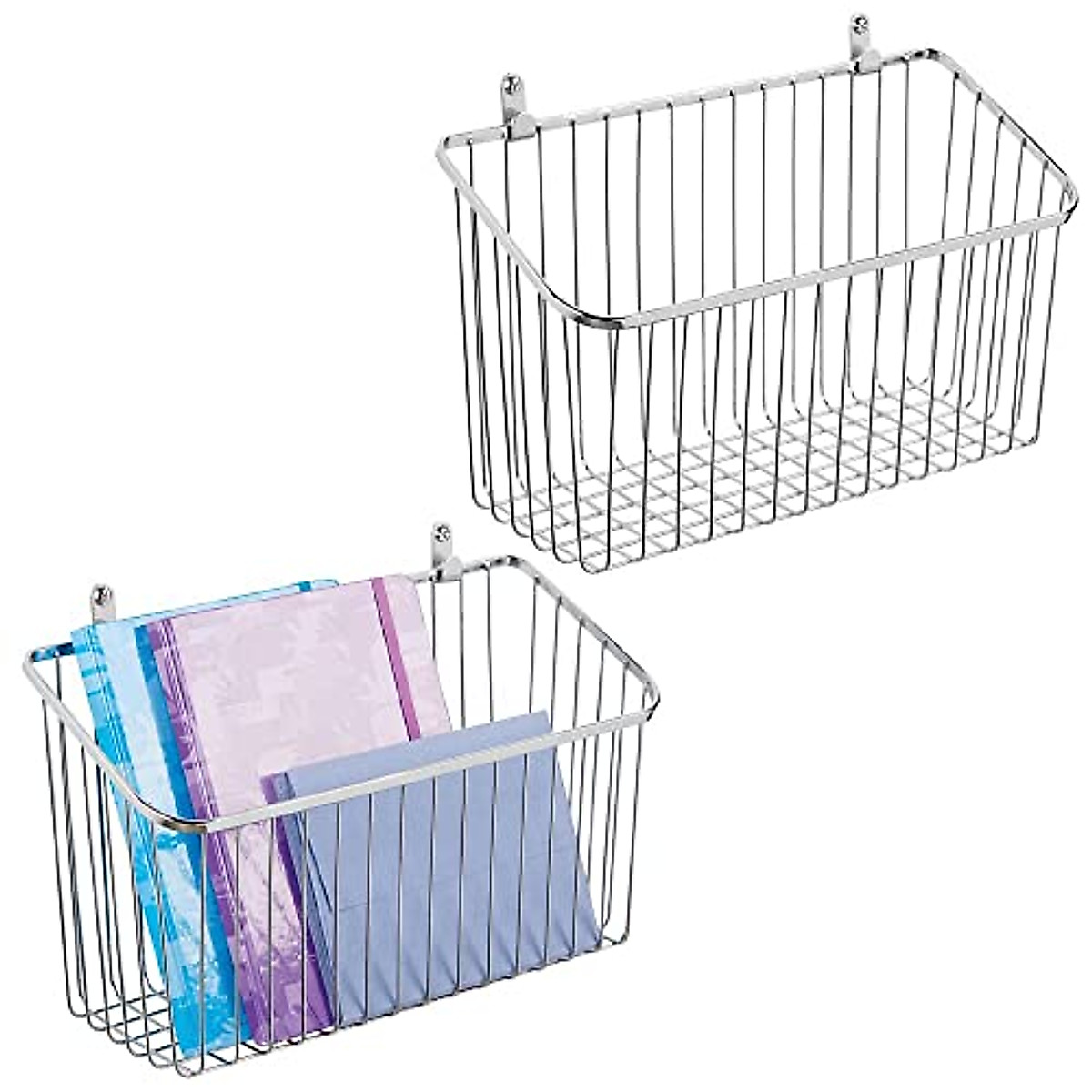 mDesign Small Metal Wire Wall Mounted Storage Organizer Basket Bin for Hanging in Kitchen, Garage, Entryway, Mudroom, Bedroom, Bathroom, Laundry Room - Unity Collection - 2 Pack - Chrome