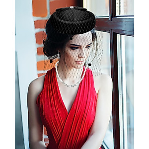 Pillbox Hat with Veil Vintage Fascinators Hats Set 20s 50s Pearl Top Hat for Women Cocktail Tea Party Wedding