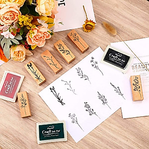 Yayatty 8 PCS Vintage Wooden Rubber Stamps with 5 PCS Craft Ink Stamp Pads Set, Wooden Plant Stamps Set Vintage Rubber Stamps for Crafting for DIY Craft, Letters Diary and Craft Scrapbooking