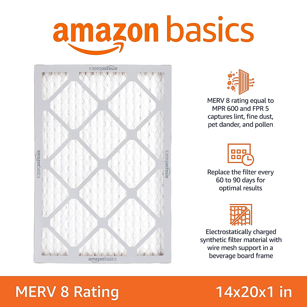 Amazon Basics 14x20x1 Air Filter 6 Pack, Merv 8 AC Furnace Filters