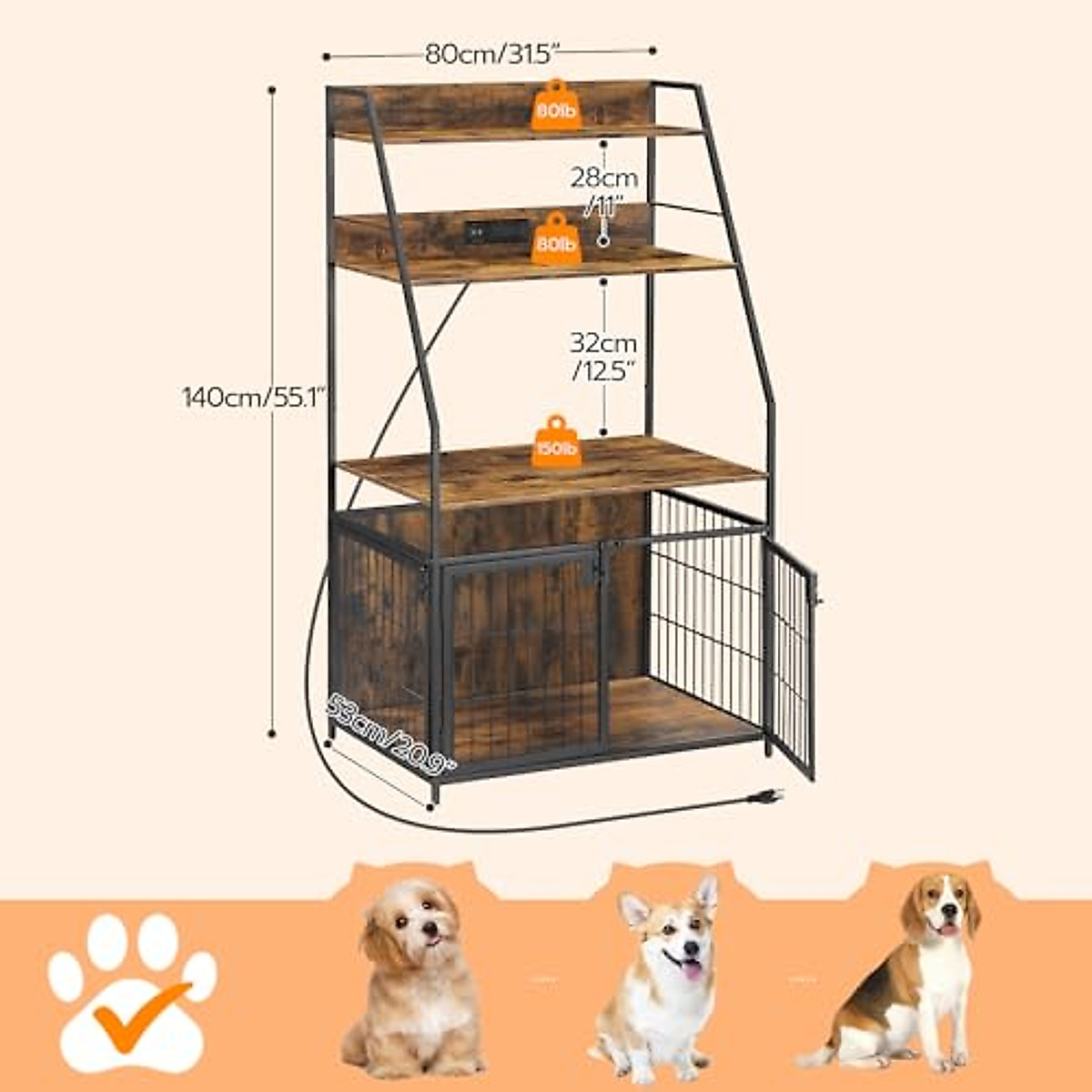 Dog Crate Furniture with Storage Shelves, 31.5 Inch Heavy Duty Dog Crate with Power Outlet, Wooden Dog Kennel Indoor Furniture for Small Medium Dogs, Three Doors, Rustic Brown and Black BF80UGW03