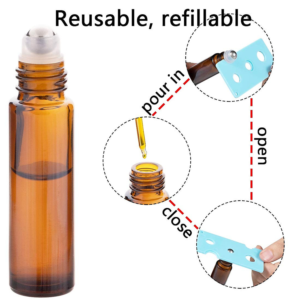 ZIZEMOJA 6Pcs 10ml Essential Oil Roller Bottles, with Stainless Steel Roller Balls, 10ml Amber Glass Roll on Bottles for Essential Oils, 1 Extra Roller Ball, 6 Labels, 1 Openers, 2 Droppers Included