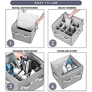 Moteph Shoe Organizer Closet Storage Solution with Clear Cover & Adjustable Dividers for Shoes, Handbags, Blankets, Linen, Clothing (Grey, Small - 12 Pairs)