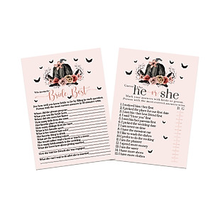 Gothic Pumpkin Bridal Shower Game Bundle - He Said or She Said & Bride Best - Halloween Wedding Guest Activity - Spooky Party Decor - Double-Sided Cards - Pink & Black - 25 Pack