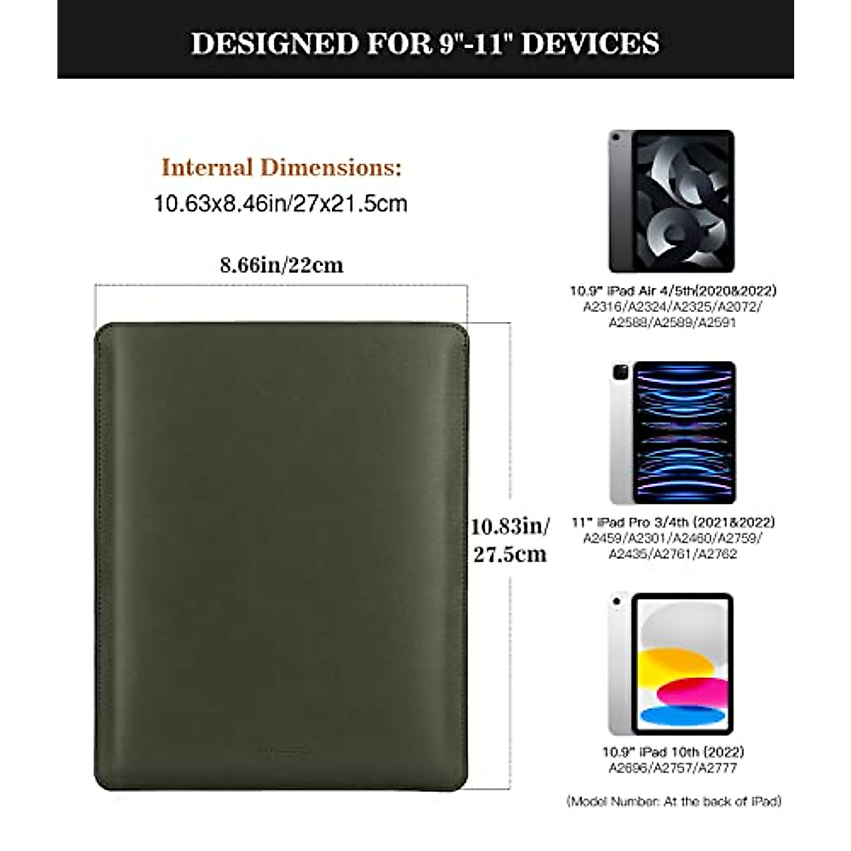 MoKo 9-11 Inch Tablet Sleeve, PU Leather Briefcase Slim Stylish Case Fits New 11-inch iPad Pro M4/iPad Air M2 2024, iPad Air 5/4/3th 10.9/10.5, iPad 10/9/8th Gen 10.9/10.2,Tab S8/S9 11, Midnight Green